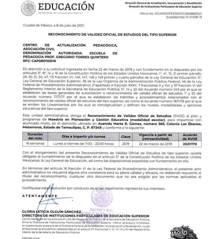 Recibió Reconocimiento de Validez Oficial de Estudios (RVOE) en la ...